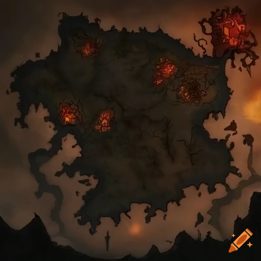 Dark fantasy world map with burnt markings on Craiyon