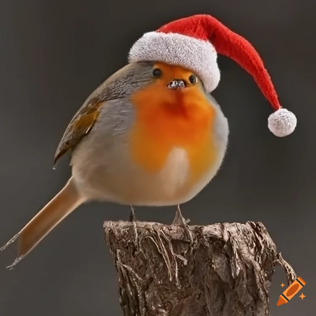 Rouge gorge bird wearing a santa hat