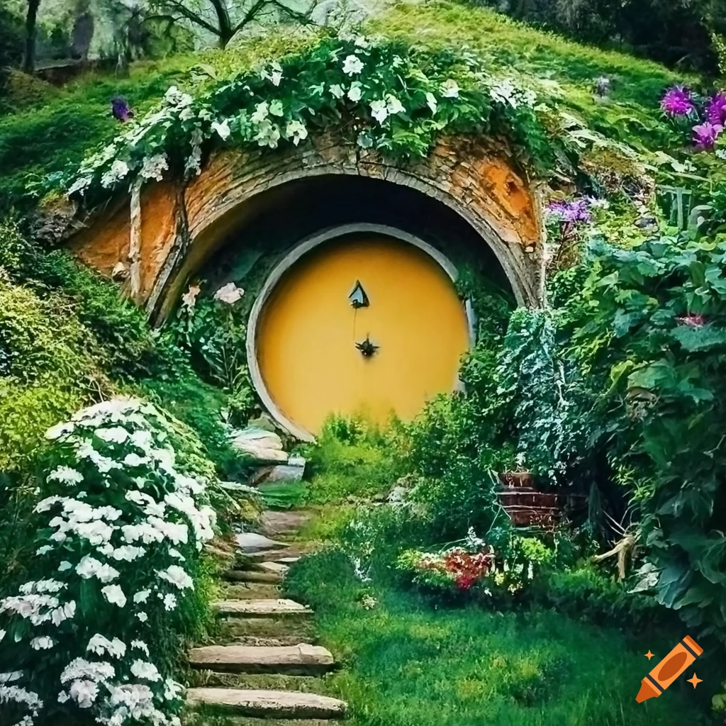Photograph of a lush cave with a cozy hobbit house on Craiyon