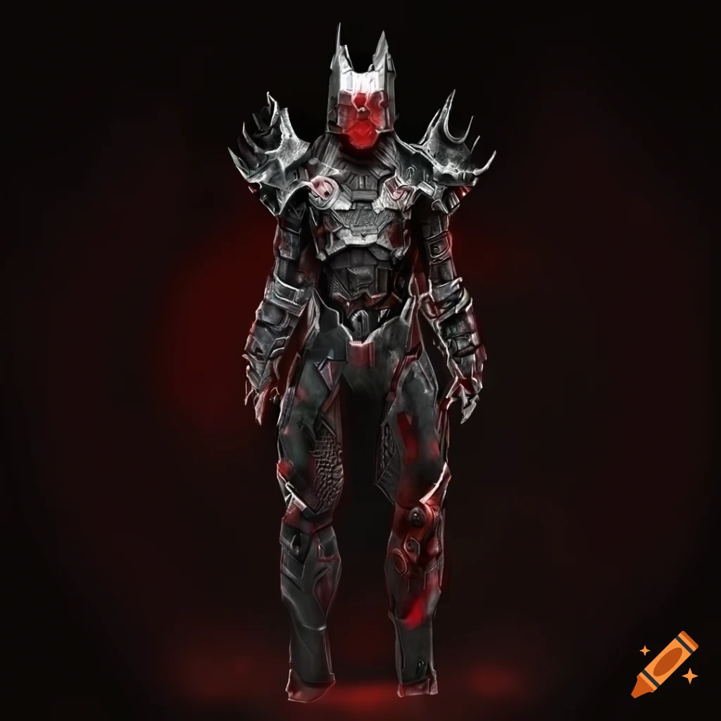 Tall figures in futuristic black armor with ancient motifs and red ...