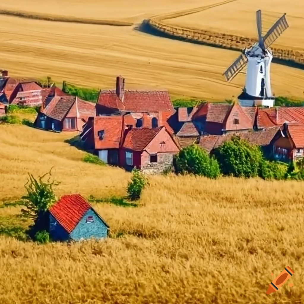 Medieval village with red-tiled houses and a white windmill on Craiyon