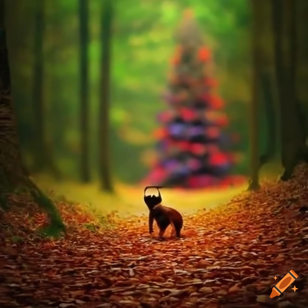 Illustration of a dense and colorful forest with hidden animal faces