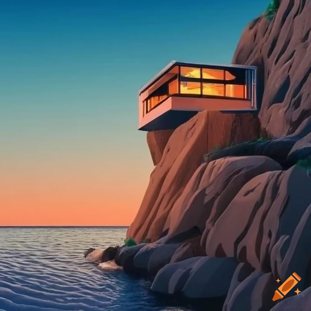 Scenic beach house with stairs on a rocky cliff