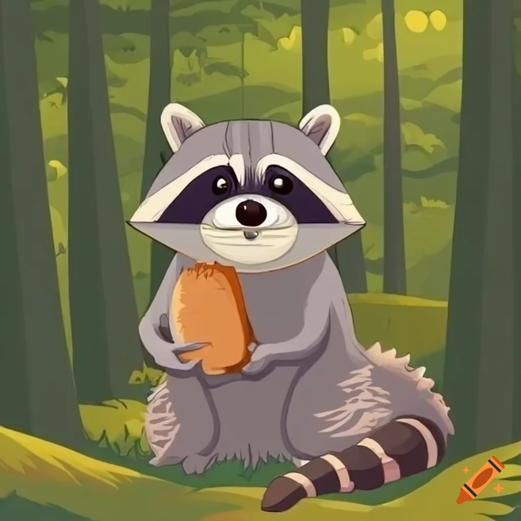 Cartoon raccoon eating bread in the forest on Craiyon