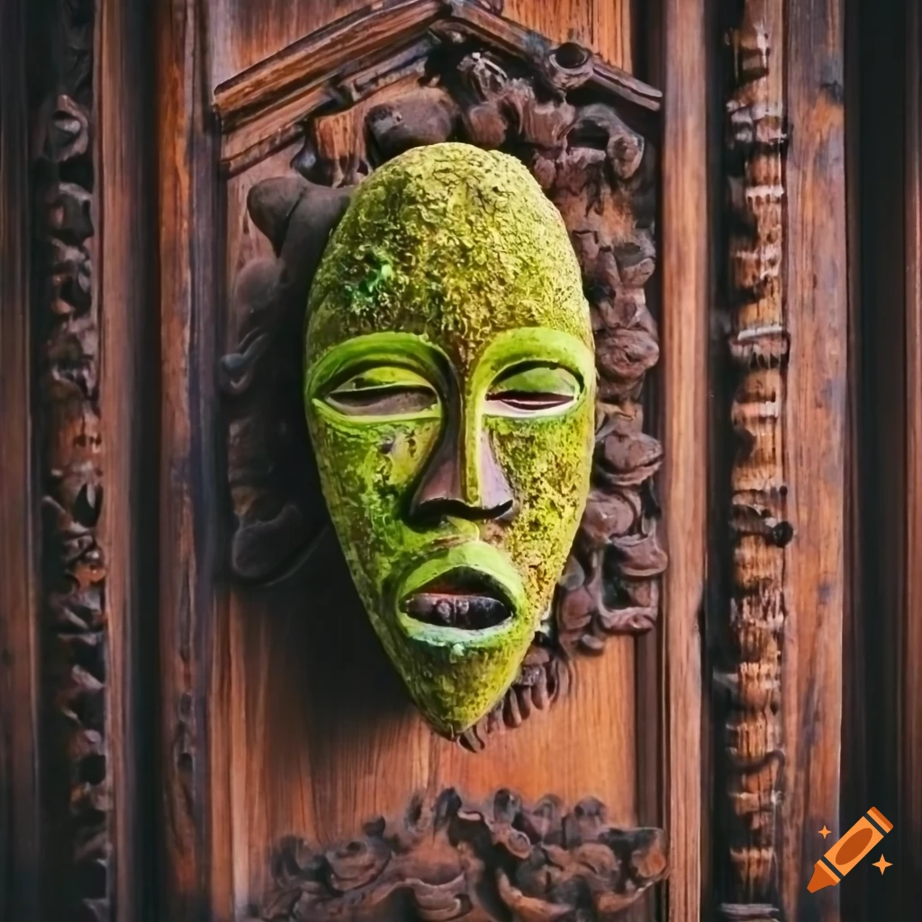 Wooden african stone masks on a moss-covered door on Craiyon