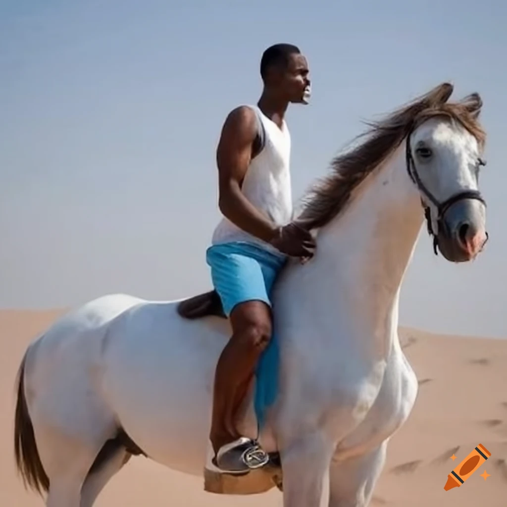 Black man on a white horse in the desert