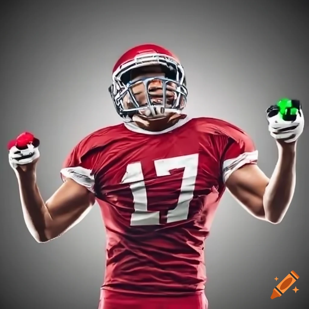 Football player celebrating a touchdown with a controller on Craiyon