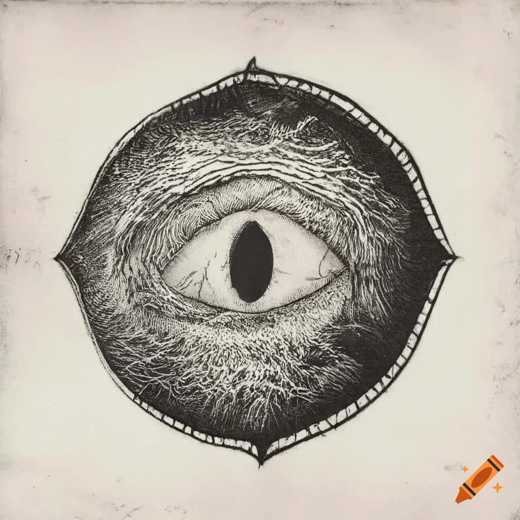 Black and white acid-etched illustration of the eye of sauron on Craiyon