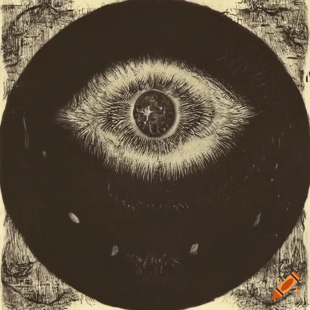 Black and white acid etching of an ominous eye on Craiyon
