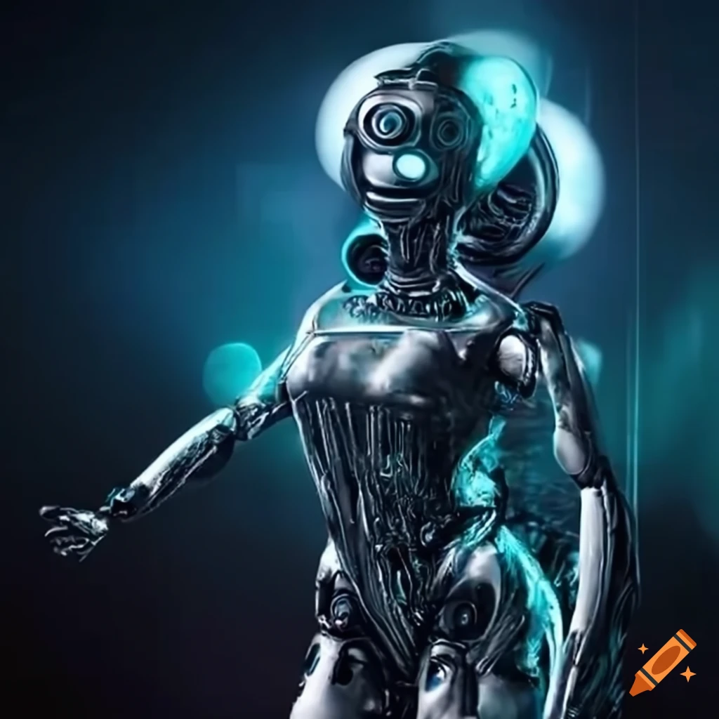 Futuristic robot dj dancer with aliens