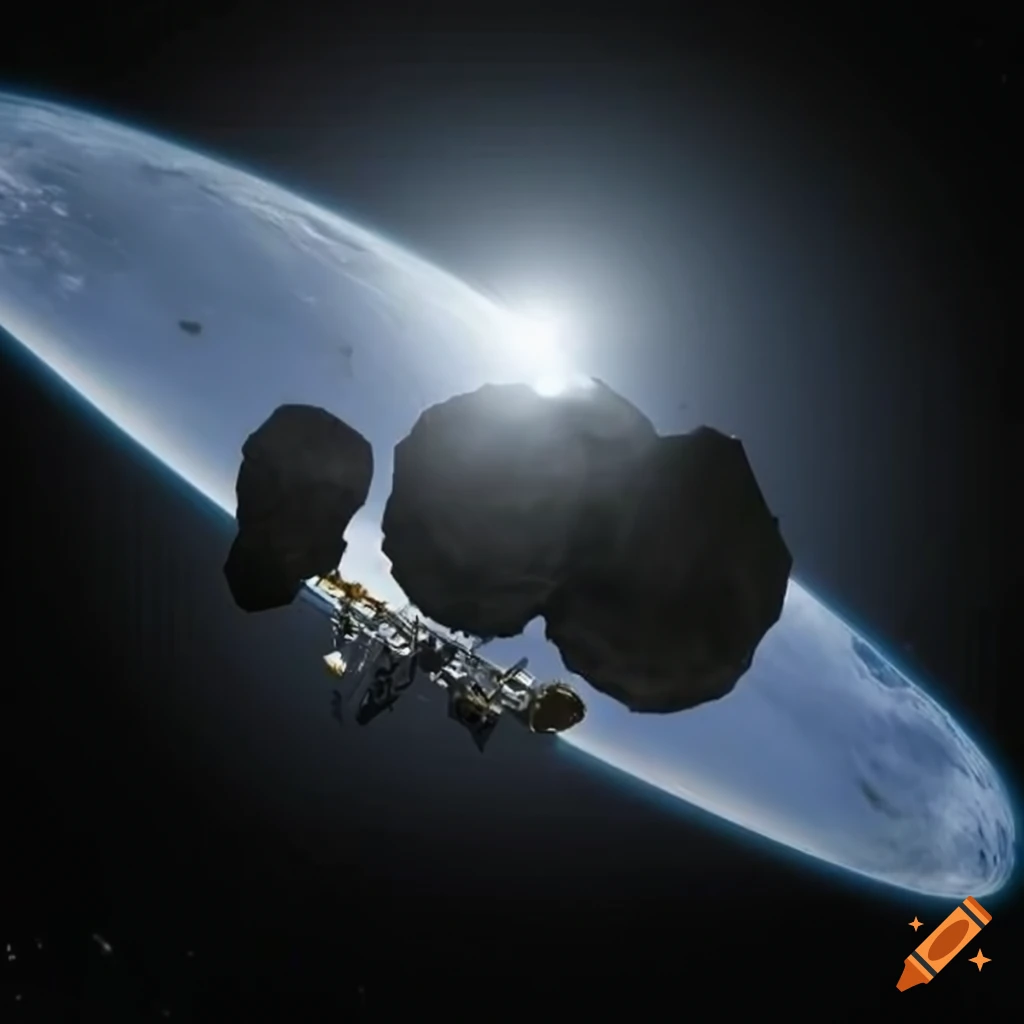 Space station orbiting an asteroid