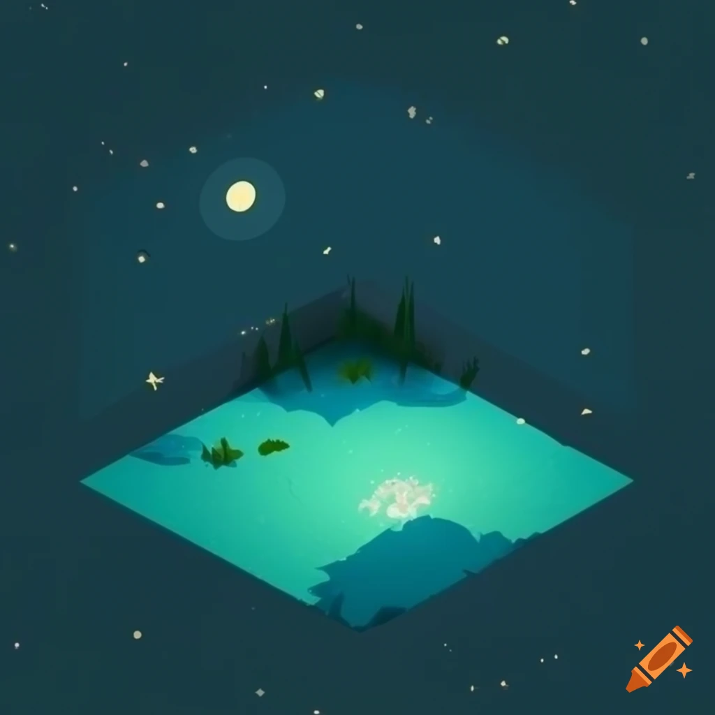 Isometric view of a tall hanging wall in foggy void on Craiyon