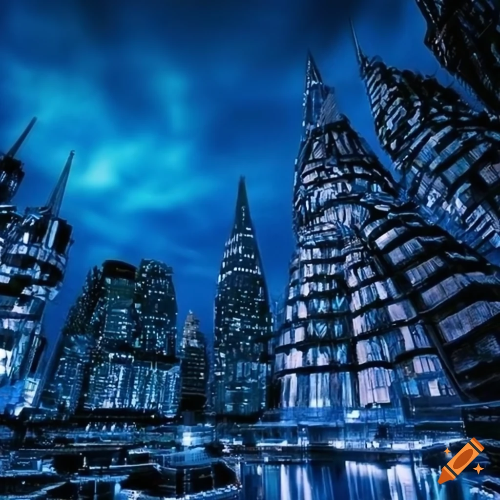 Futuristic city with tall spires and blue glow on Craiyon