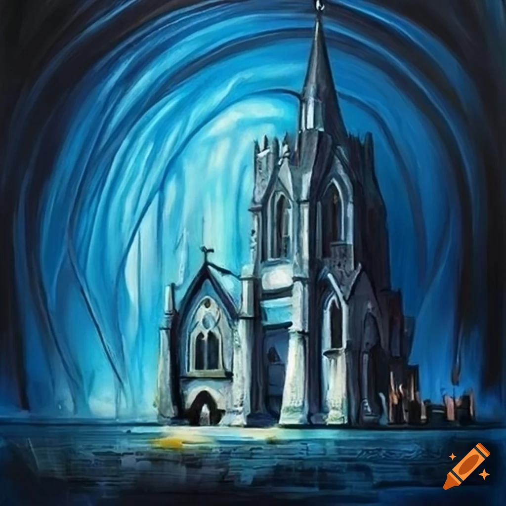 Blue painting of a heart lock in a church on Craiyon