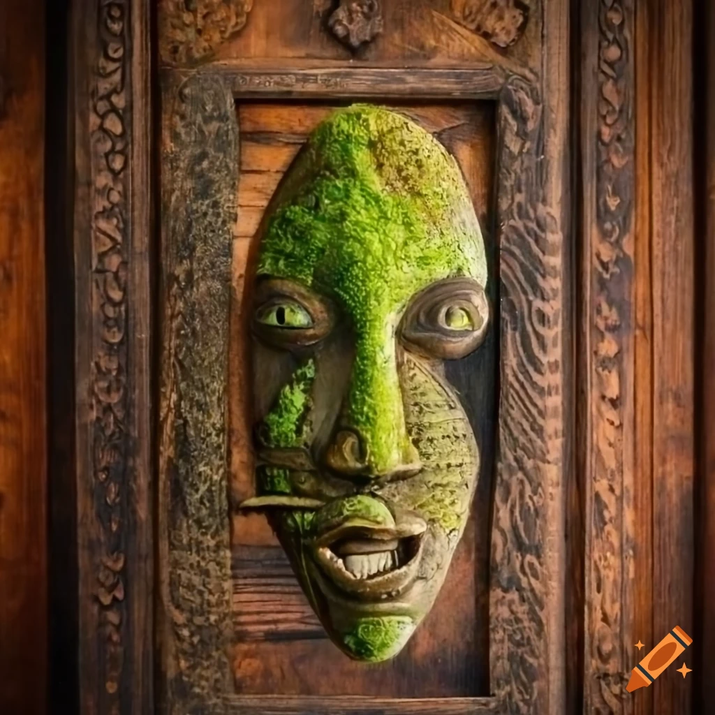 Wooden African stone masks on a moss-covered door on Craiyon