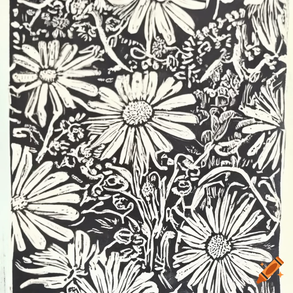 Abstract linocut print with spring and astral elements in black and ...