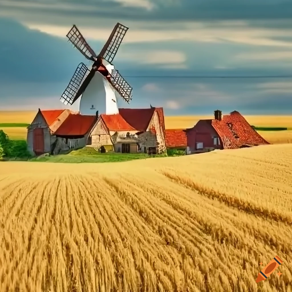 Medieval village with red-tiled houses and a white windmill on Craiyon