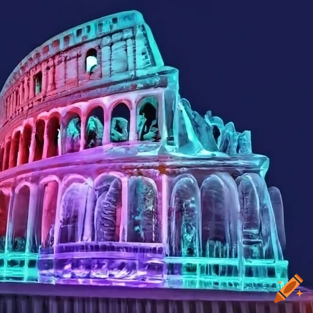 Colorful lights shining on an ice sculpture of the colosseum