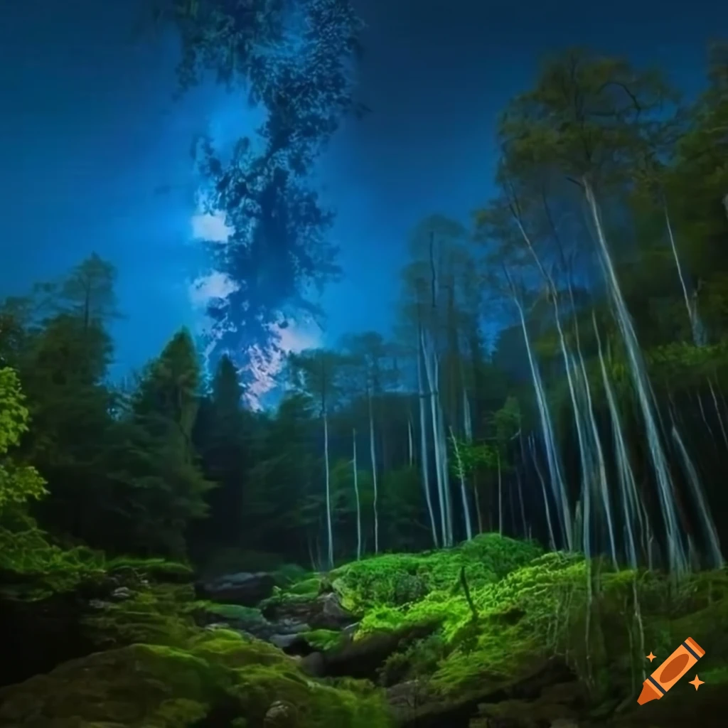 Blue-themed forest with a beautiful waterfall on Craiyon