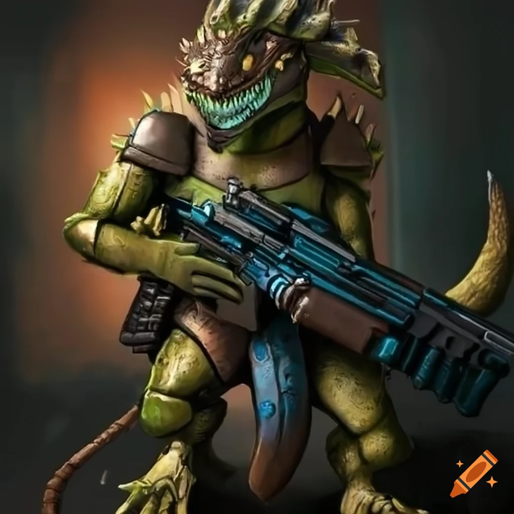 Sci-fi lizardmen with futuristic armor and gun on Craiyon