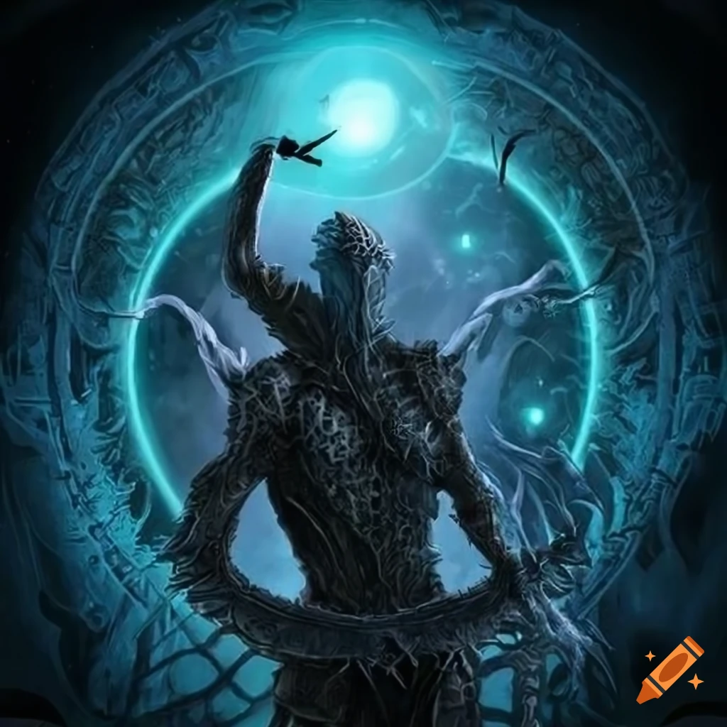 Detailed male phyrexian knight being summoned through a magical circle ...