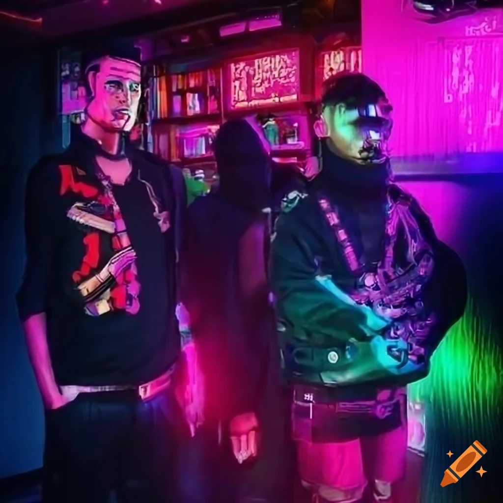 Cyberpunk-themed illustration of three guys in a bar