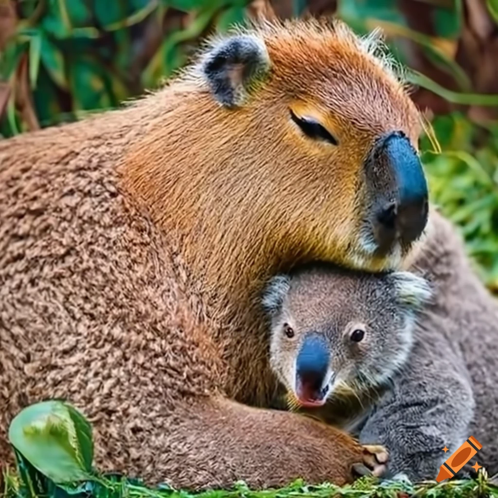 Capybara and koala cuddling and eating together on Craiyon