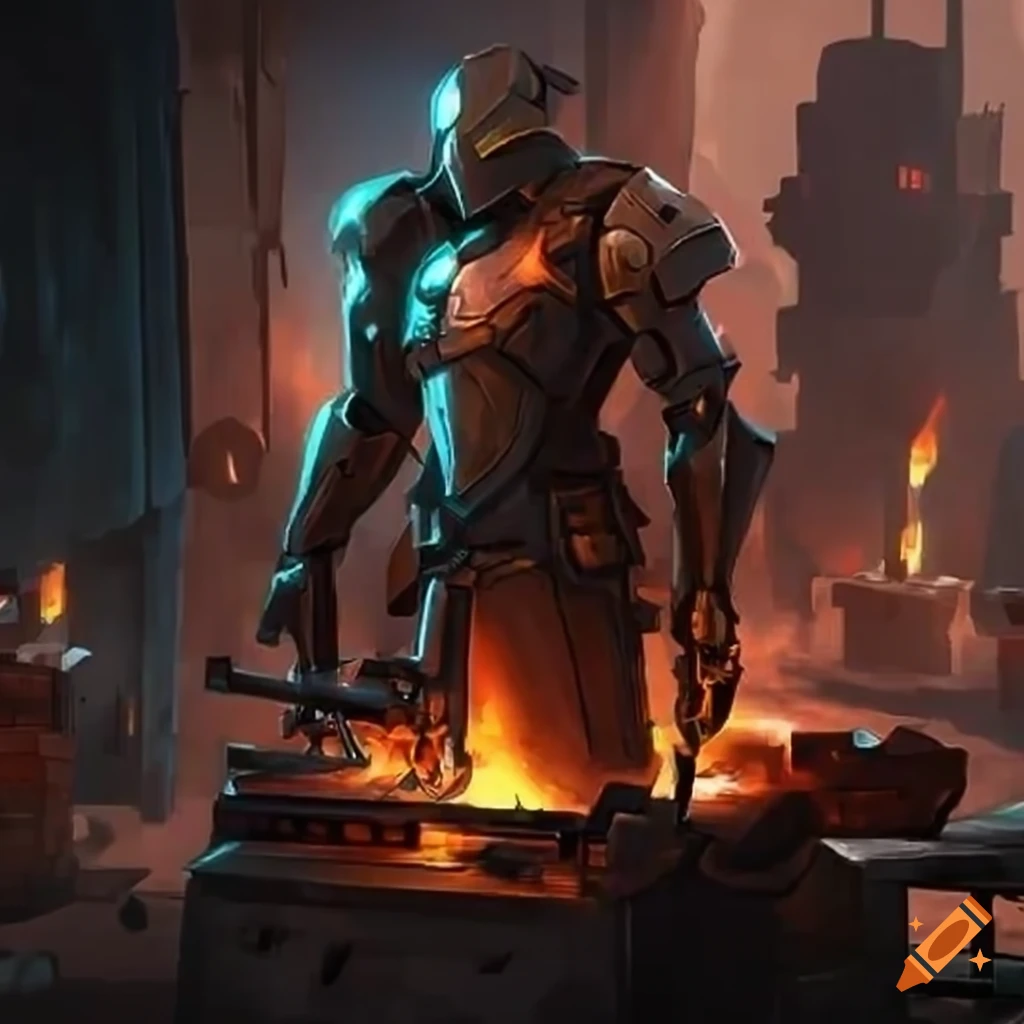 Futuristic blacksmith forging high-tech armor