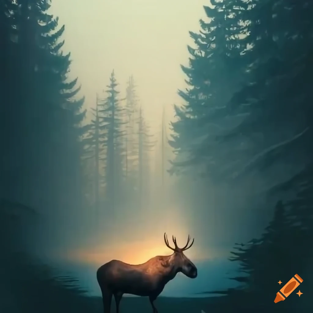 Realistic view of a moose in a forest with fog on Craiyon