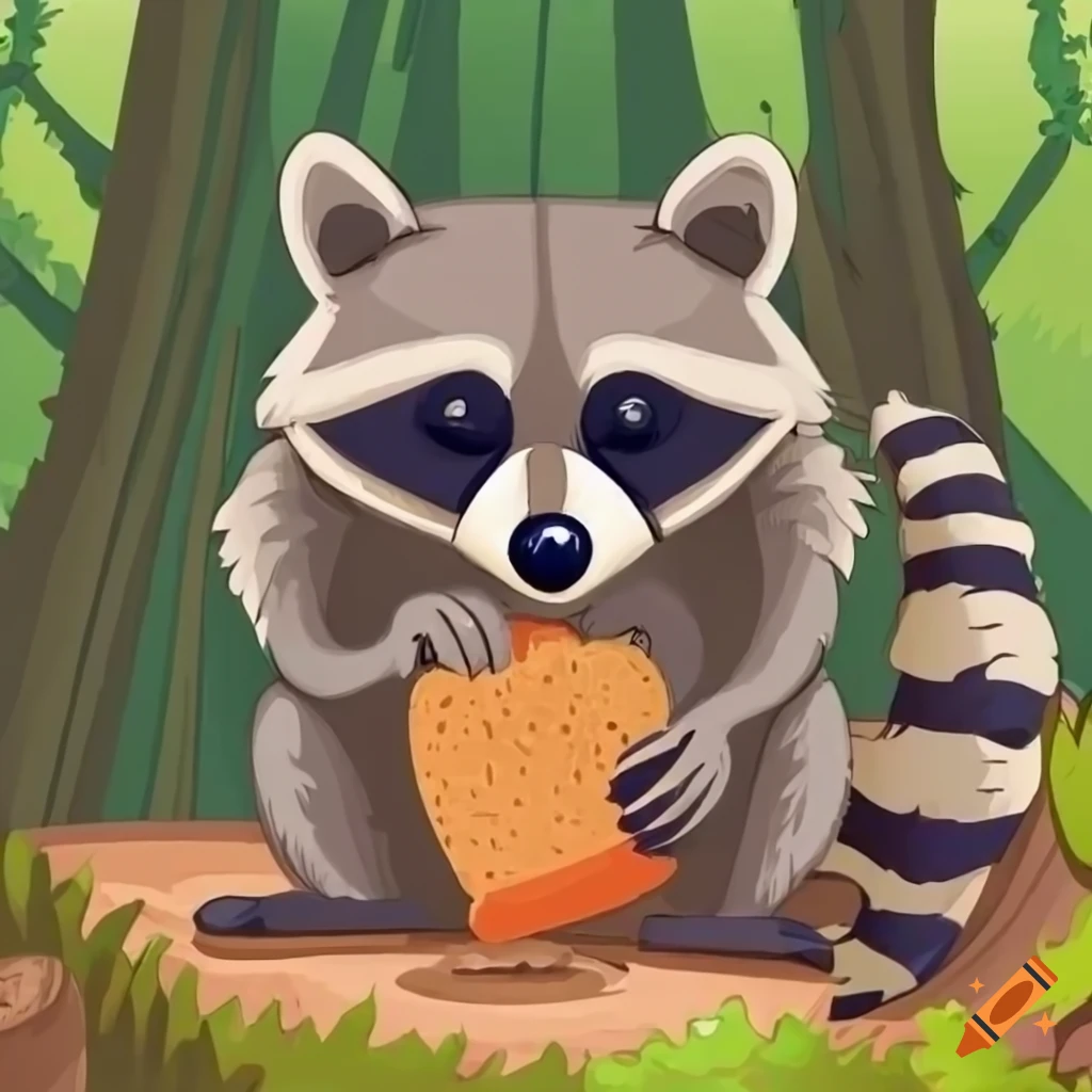 Cartoon raccoon eating bread in the forest on Craiyon