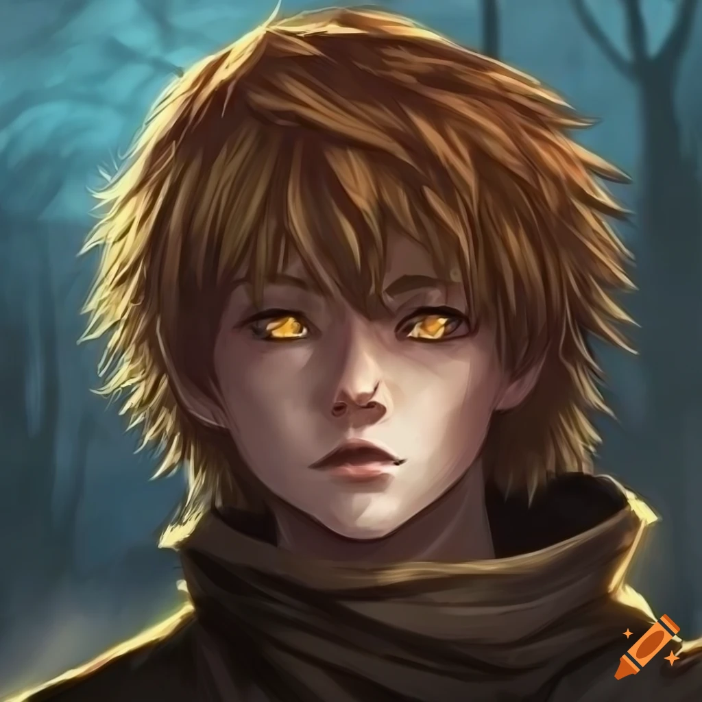 Digital artwork of a young boy with daggers and yellow eyes on Craiyon