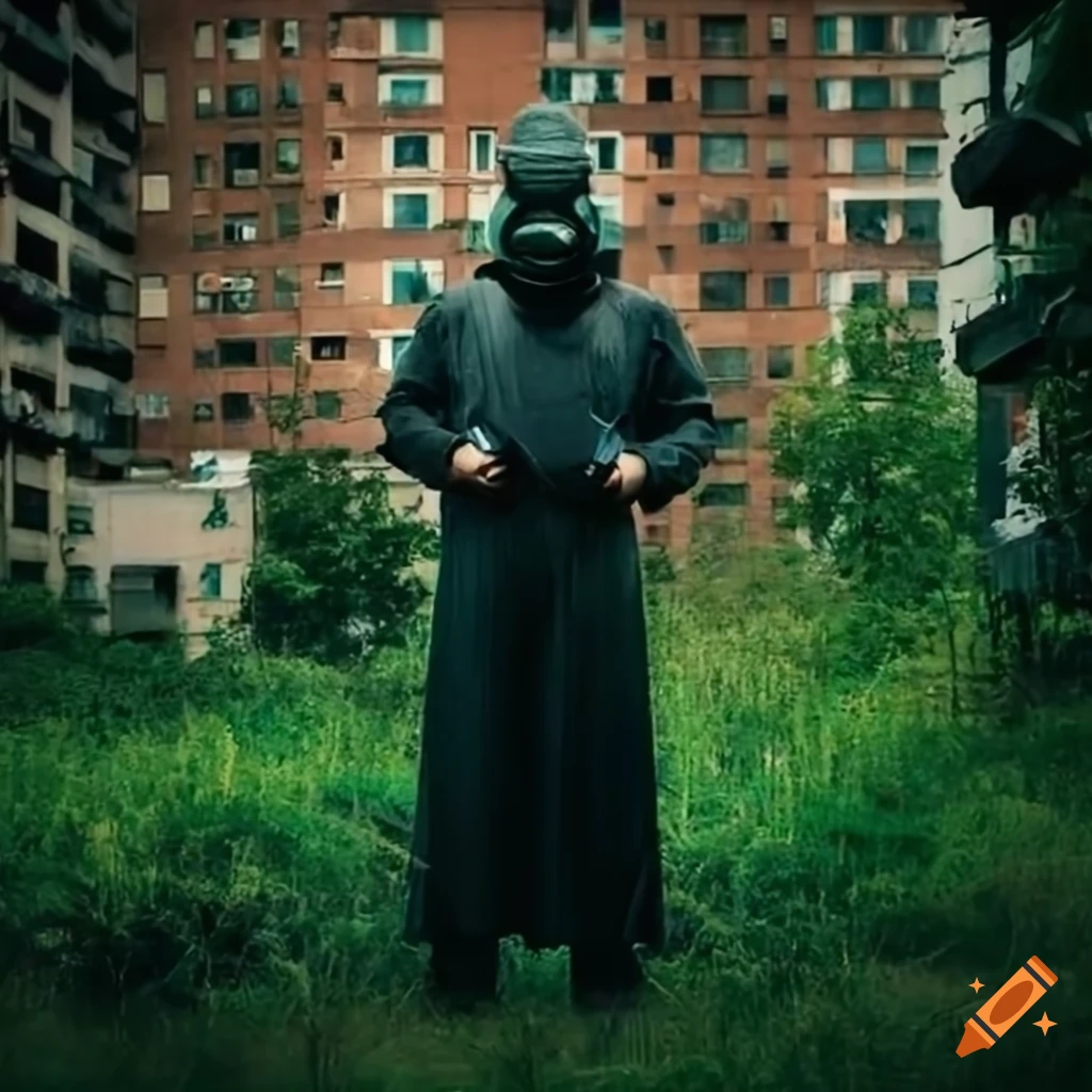 Urban exploration concept art with a man in a gas mask on Craiyon