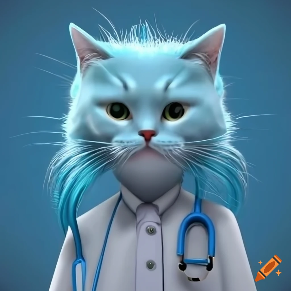 3d animation of a cat with blue hair wearing doctor attire