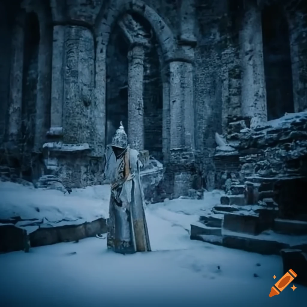 Image of a knight standing in snowy ruins