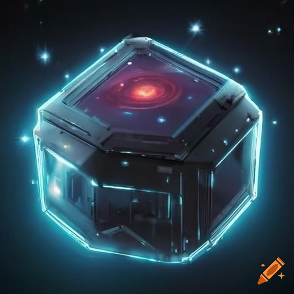 Concept art of a futuristic box with a galaxy inside