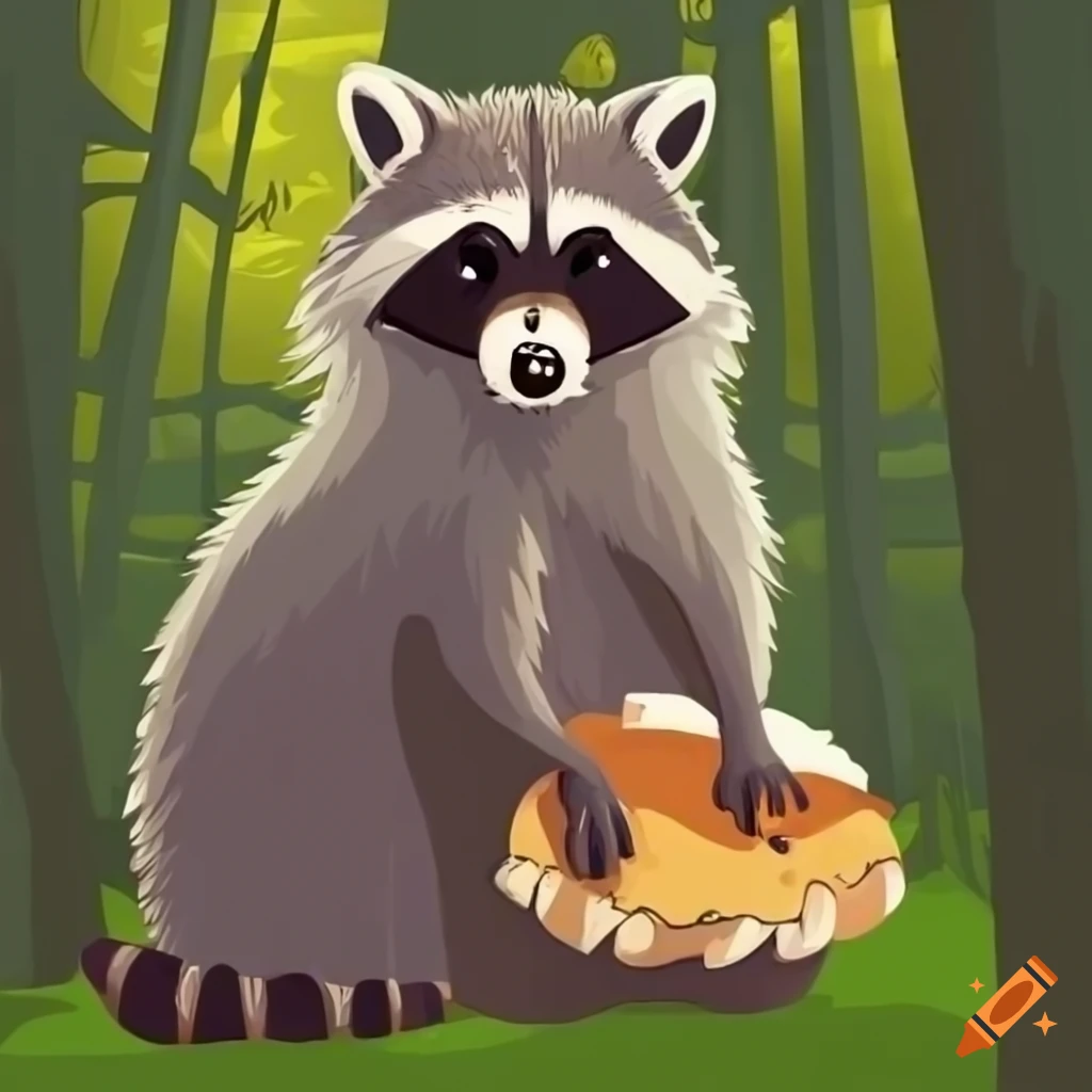 Cartoon raccoon enjoying bread in the forest on Craiyon