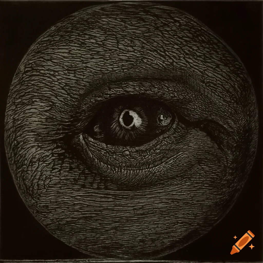 Black and white acid etching of an ominous eye on Craiyon