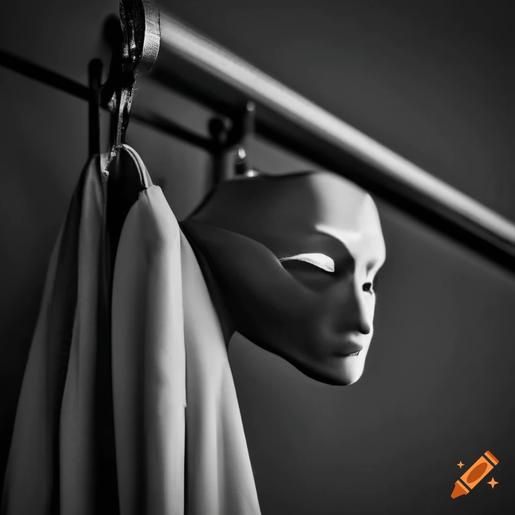 Black and white photograph of a mask on a coat hanger on Craiyon