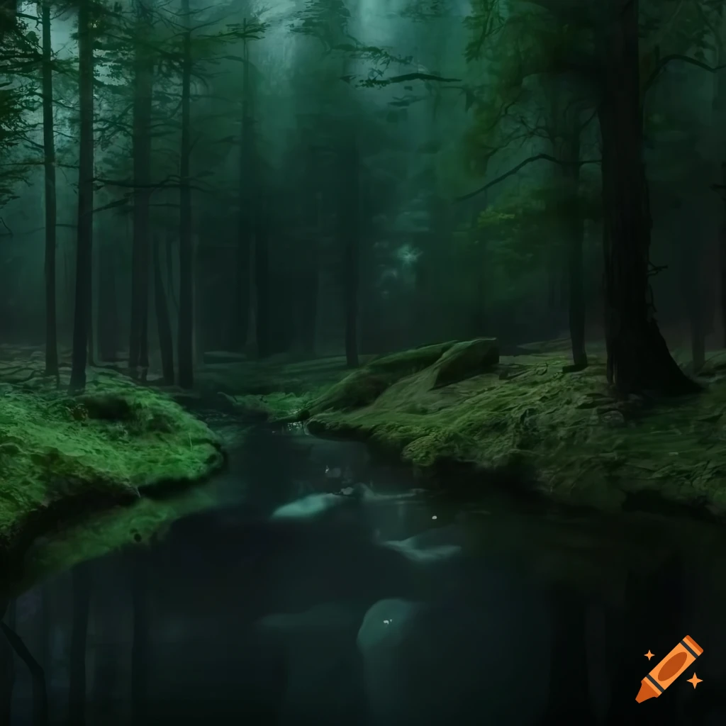 Image of an old and gloomy forest with a creek
