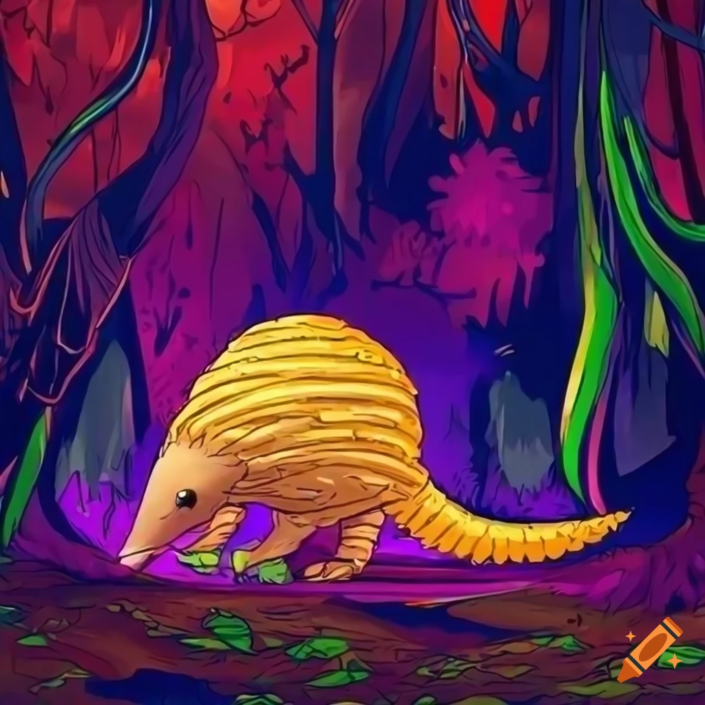 Comic style pangolin in a vibrant forest on Craiyon