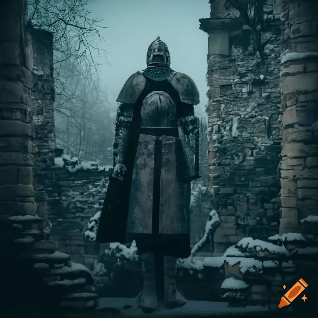 Image of a lone knight in a snowy kingdom