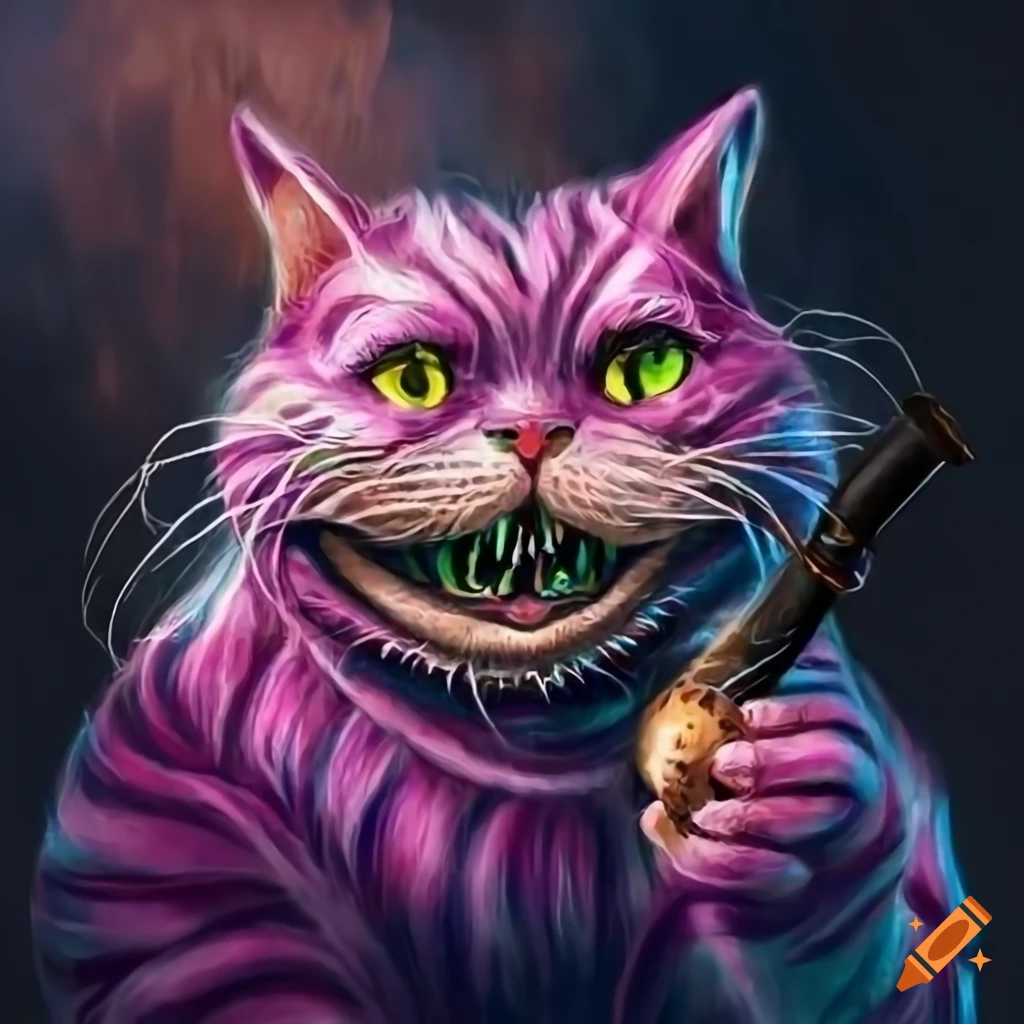 Celtic-style realistic depiction of the cheshire cat smoking a wizard ...