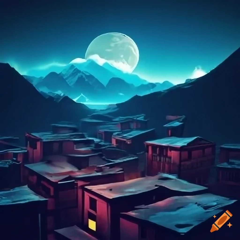 Sci-fi slums in mountain with night sky