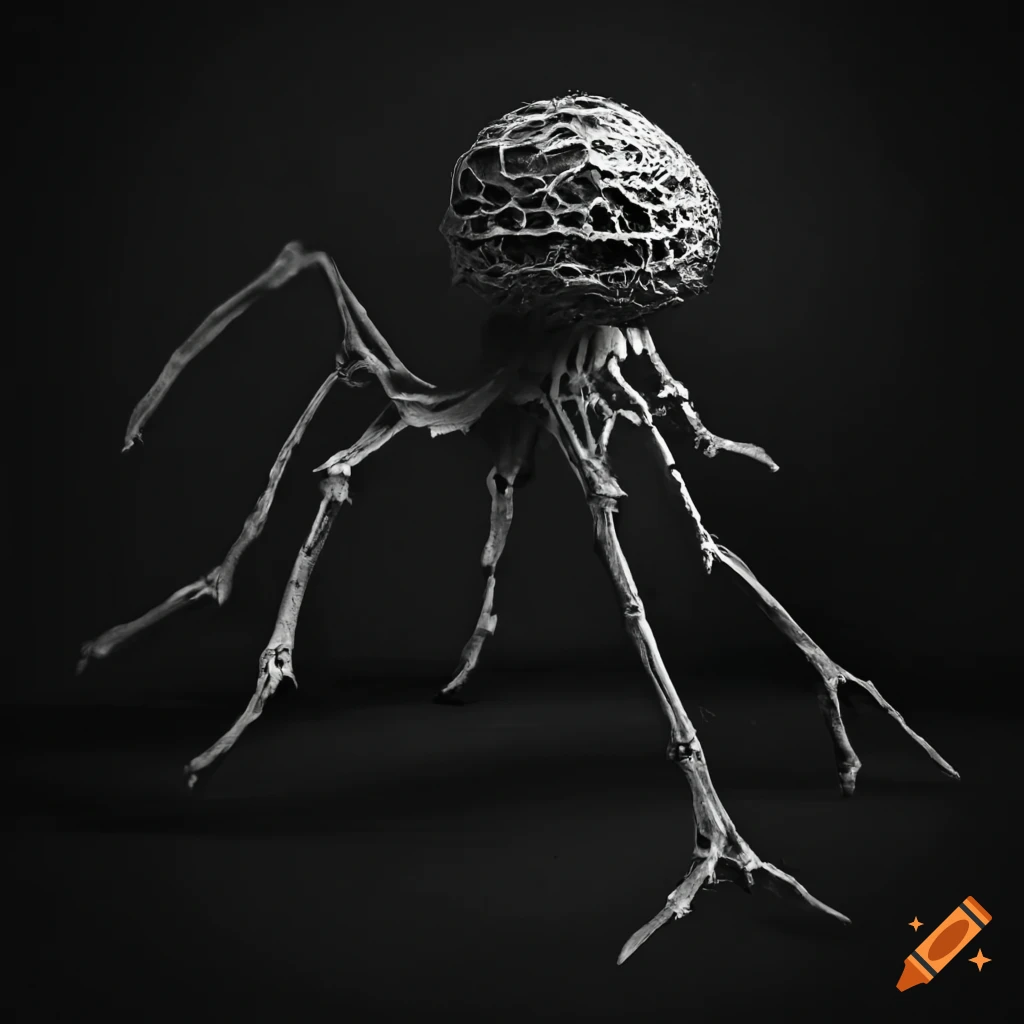 Black and white image of a bone monster in the woods at night on Craiyon