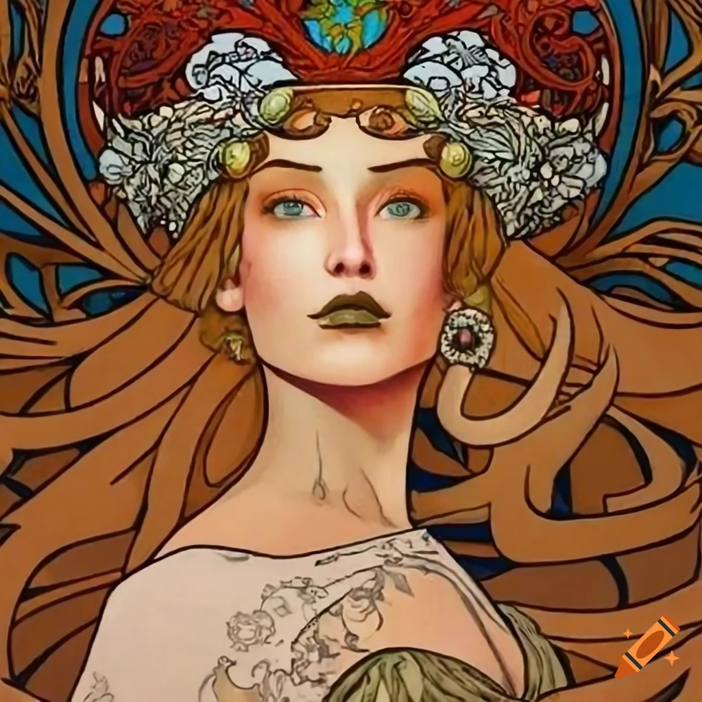 Painting of athena in mucha style on Craiyon