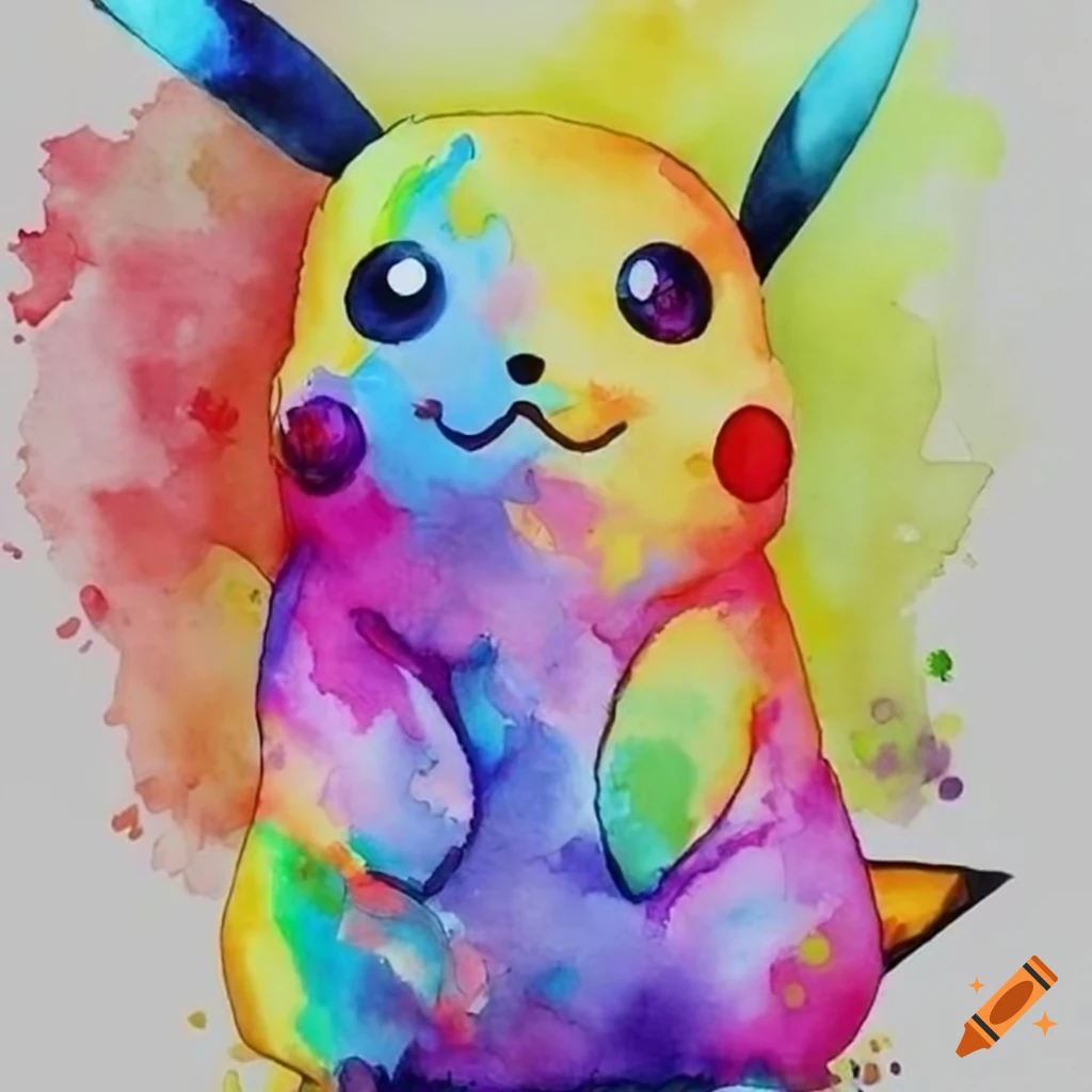 Watercolor artwork of pikachu with rainbow colors