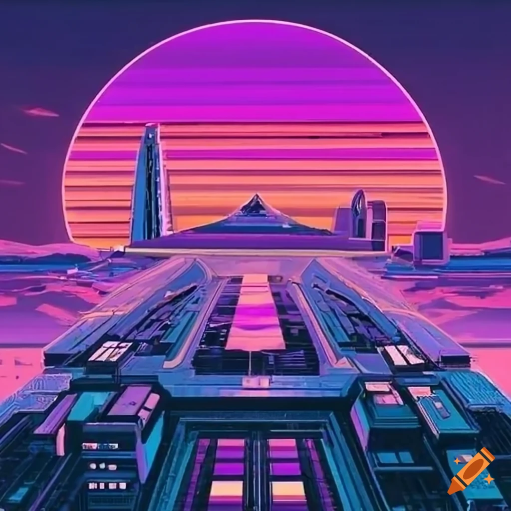 Cityscape of a futuristic 1990s chillwave city