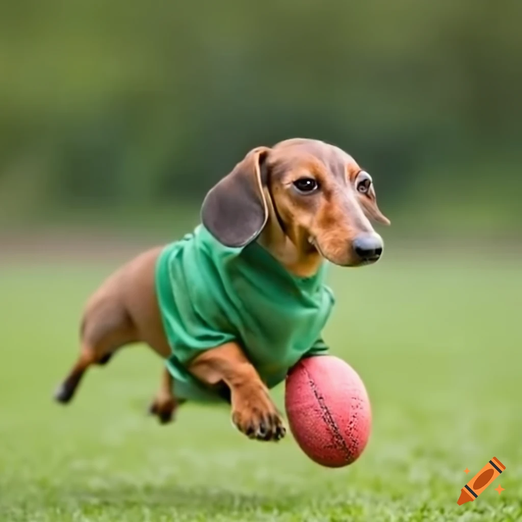 Dachshund playing rugby in a green jersey