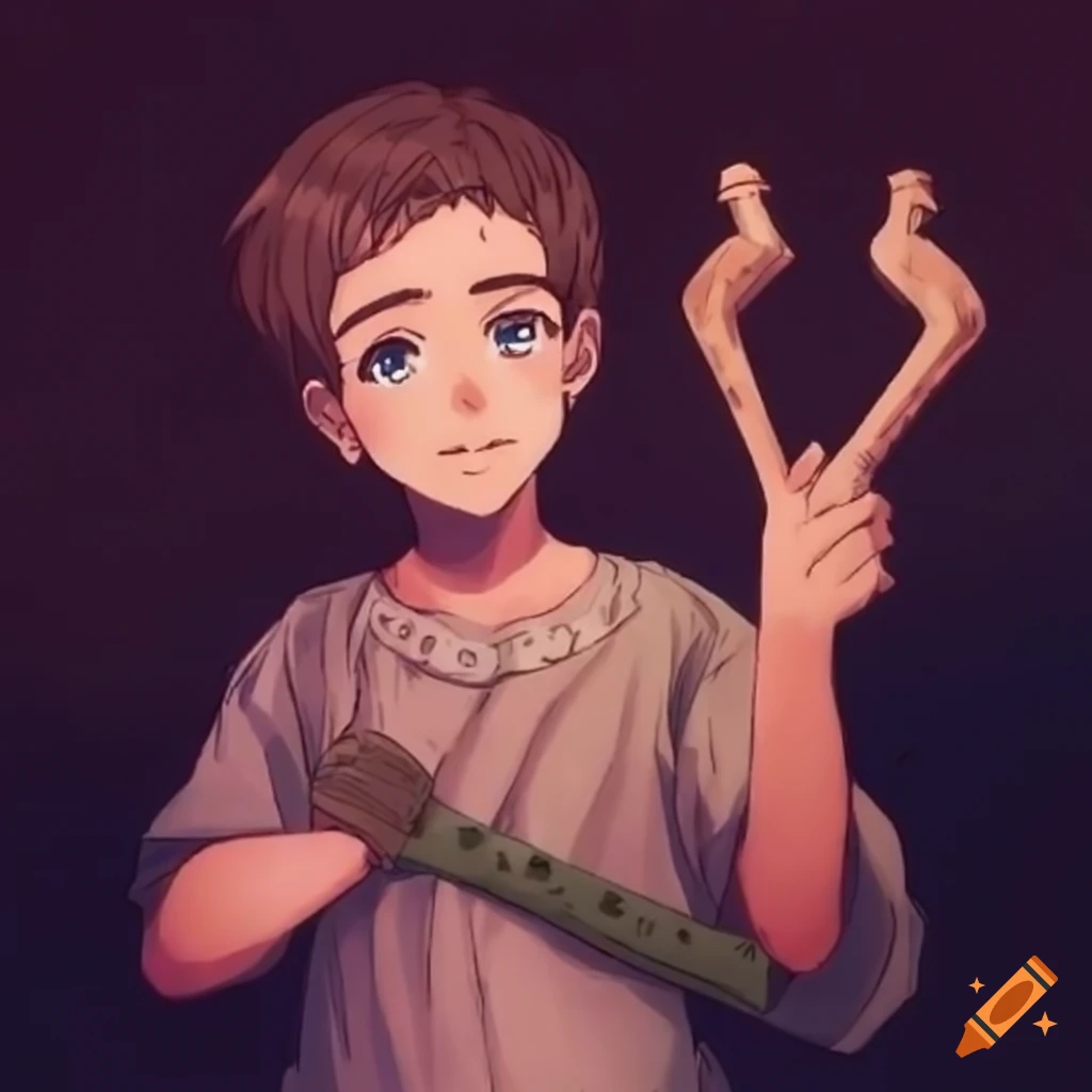 Anime-style illustration of young David as a shepherd on Craiyon