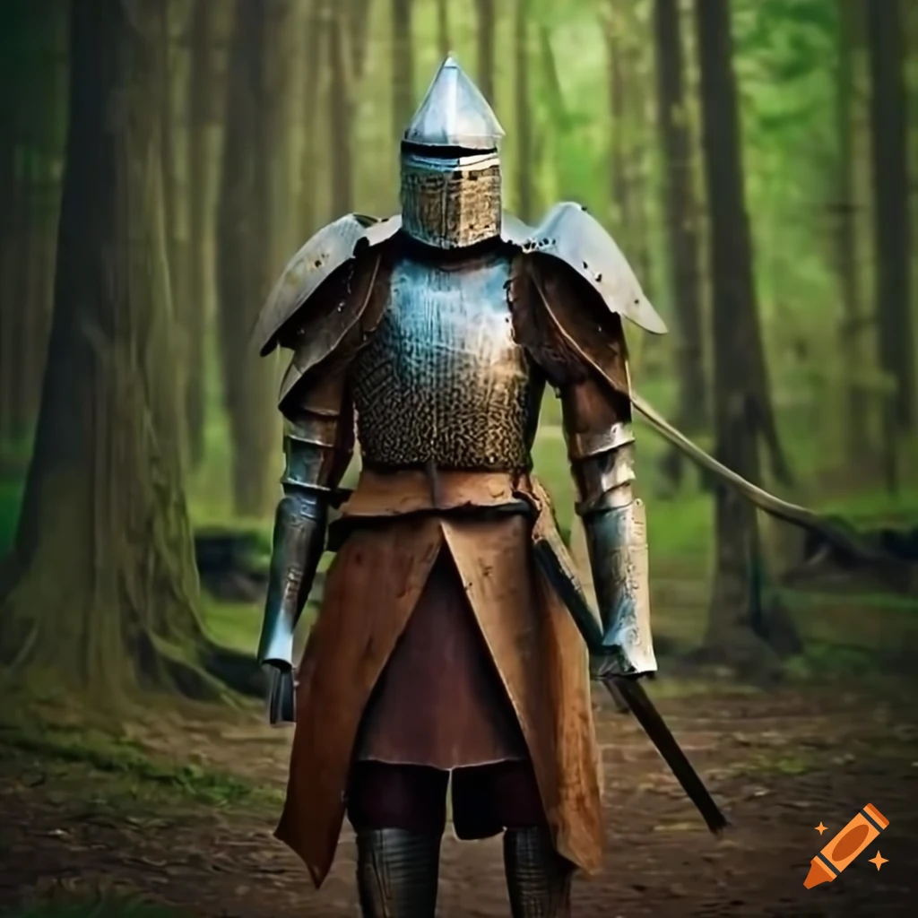 Wooden knight standing in a mystical forest on Craiyon